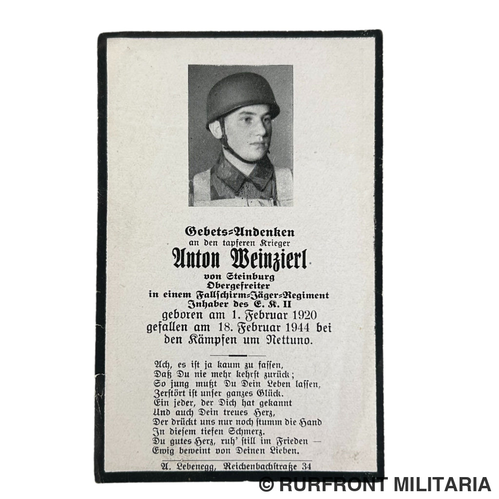 Bidprent Anton Weinzierl Fallschirmjäger K.i.a. Nettuno Italy ...