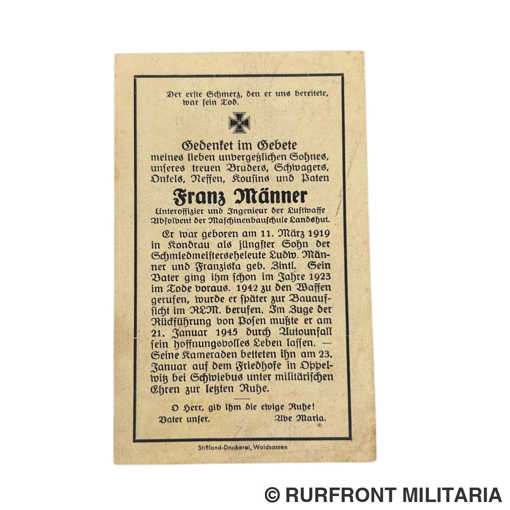 death card Franz Männer Luftwaffe engineer – Rurfront Militaria