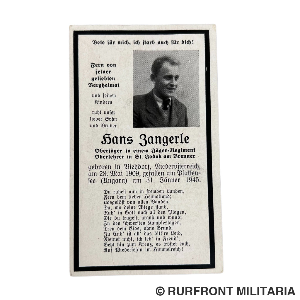 Death card Hans Johann Zangerle Oberjäger Gebirgsjäger – Rurfront Militaria