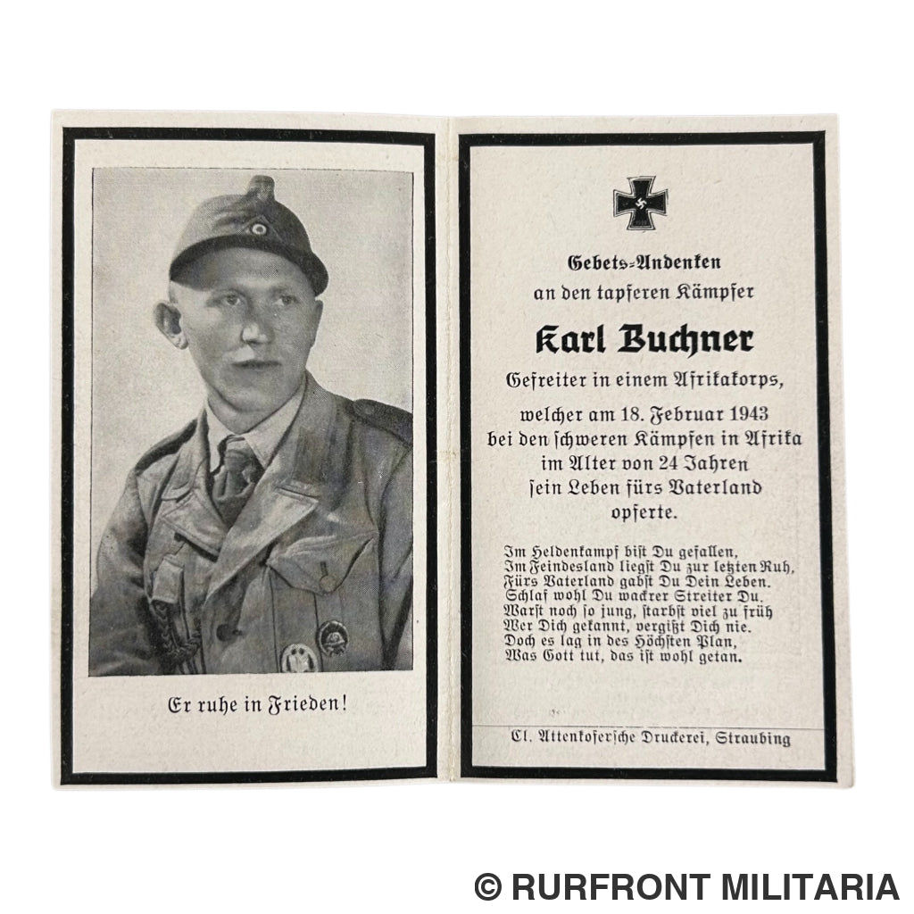 Bidprent Karl Buchner afrikakorps K.i.a. Afrika 1943 – Rurfront Militaria