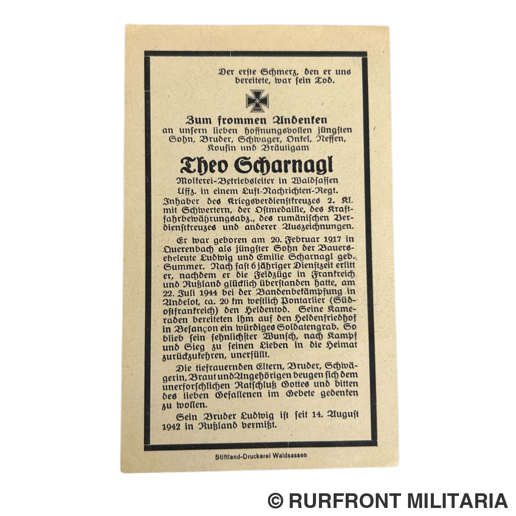 Death Card Theo Scharnagl Luftwaffe France – Rurfront Militaria