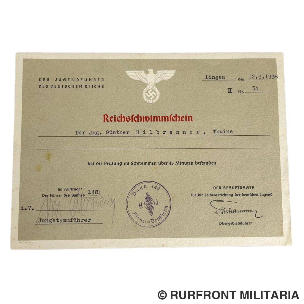 Hj Certificate set Günther Hilbrenner Bann 148. – Rurfront Militaria