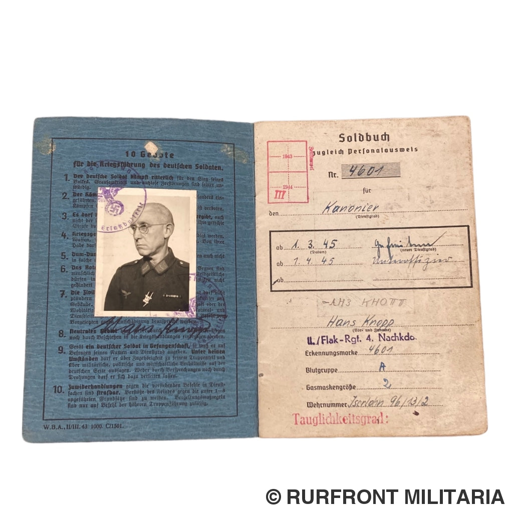 Luftwaffe Flak Soldbuch Unteroffizier Hans Knopp 10 awards – Rurfront ...